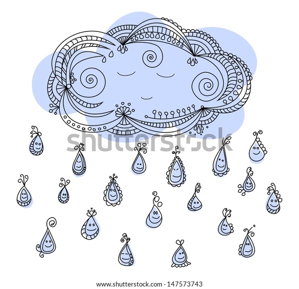 Vektor Stok Happy Raindrops Sleepy Cloud Cartoon Illustration (Tanpa ...