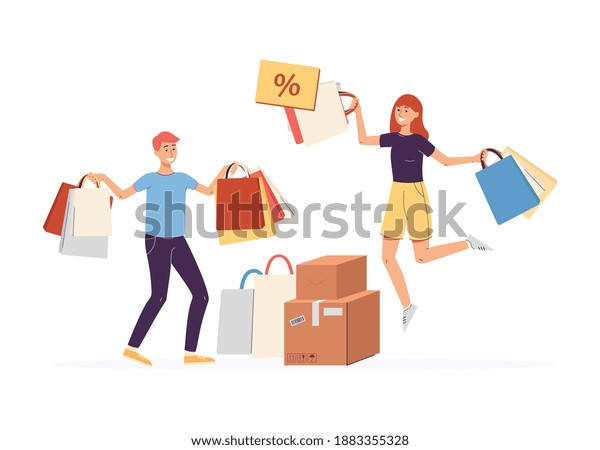 Happy Shoppers Shop Bags Stack Boxes Stock Vector (Royalty Free) 1883355328
