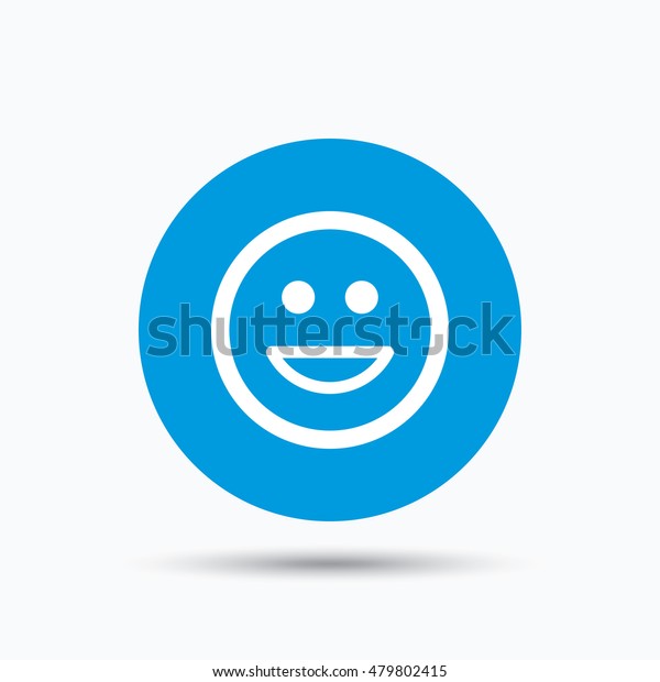 Happy smile icon. Smiley laugh emoticon symbol. Blue circle button with ...