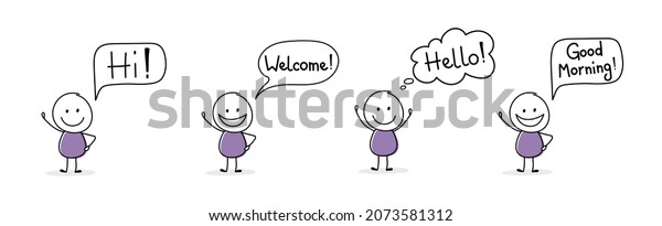 Happy Stickman Speech Bubble Welcome Hello Stock Vector (Royalty Free ...