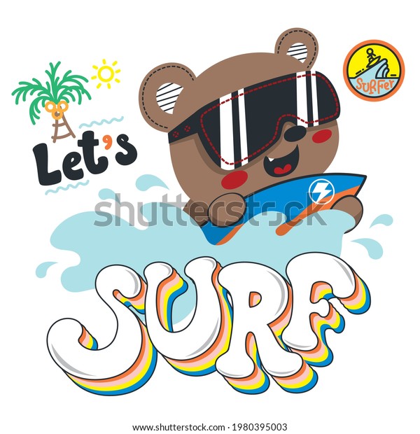 Happy Teddy Bear Surfing On Wave Stock Vector (Royalty Free) 1980395003