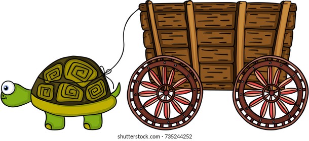 Happy Turtle Pulling Wooden Trolley Stock Vector (Royalty Free) 735244252