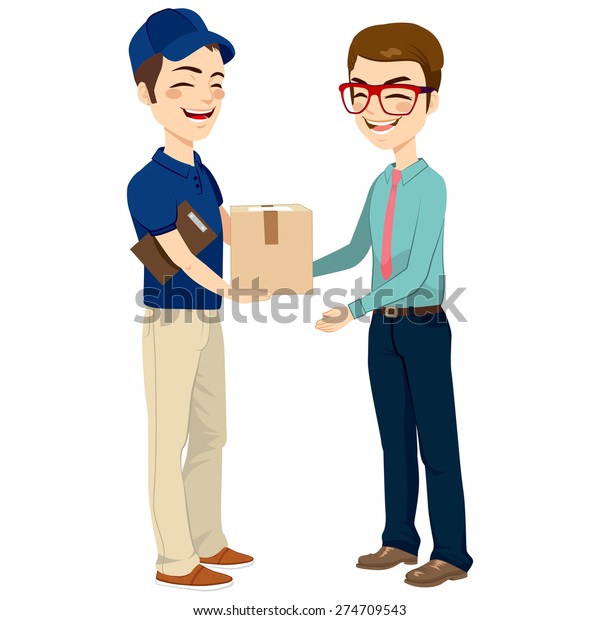 Happy Young Delivery Man Giving Mail Stock Vector (Royalty Free ...