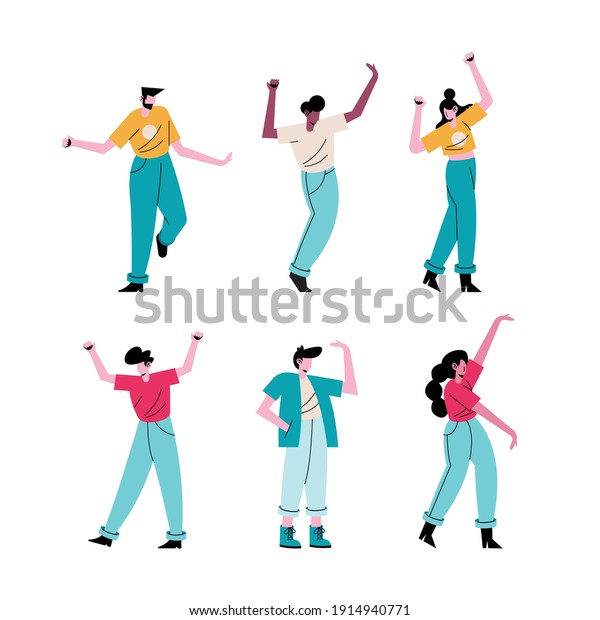 Happy Young People Dancing Six Characters Stock Vector (Royalty Free ...