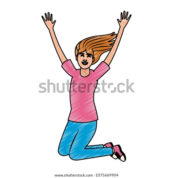 Happy Young Woman Jumping Scribble Stock Vector (Royalty Free ...