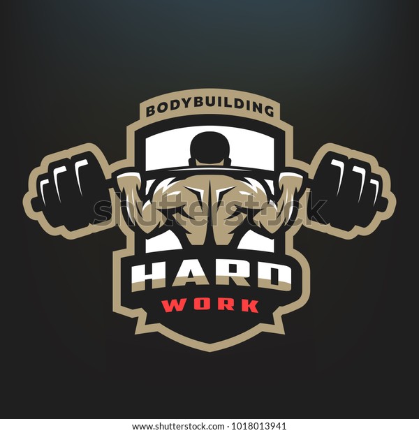 Hard work. Bodybuilding emblem, logo on a dark background.