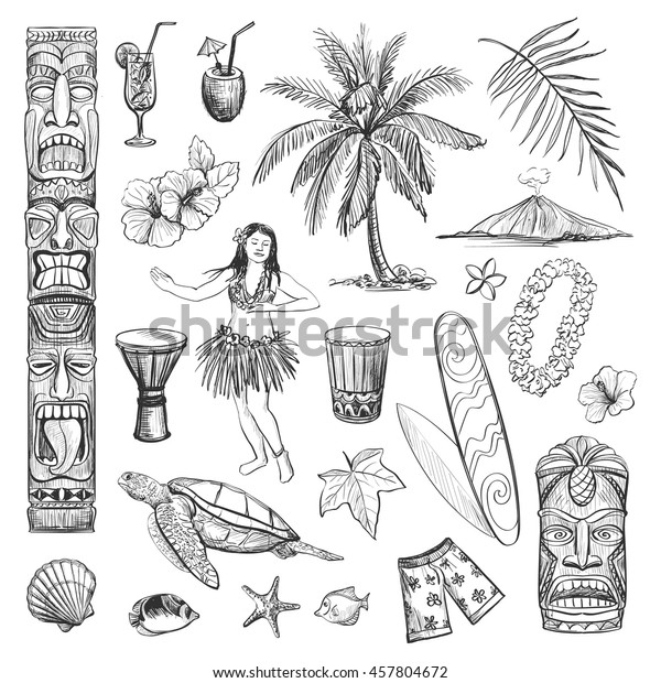 Hawaii Collection Vector Sketches Isolated Pictures Stock Vector ...
