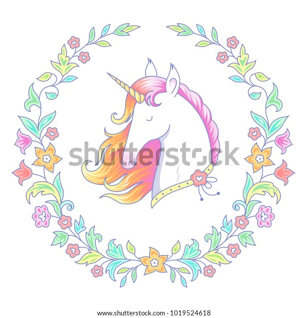Head White Unicorn Round Floral Frame Stock Vector (Royalty Free ...