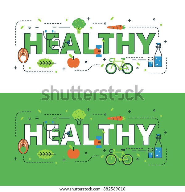 Healthy Lettering Flat Line Design Icons Stock Vector (Royalty Free ...