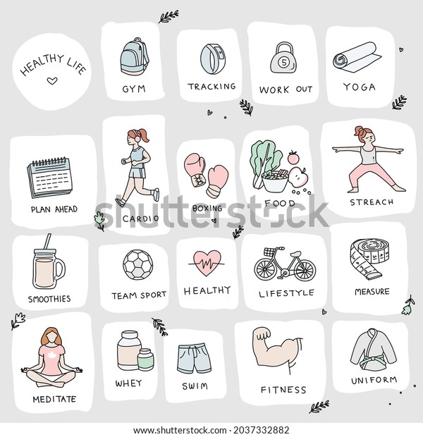 Healthy Life Icon Set Hand Drawn Stock Vector (Royalty Free) 2037332882 ...