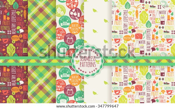 Healthy Lifestyle Backgrounds Vector Seamless Patterns Stock Vector ...
