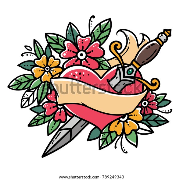 Heart pierced with dagger. Retro tattoo. Heart with ribbon and flowers ...