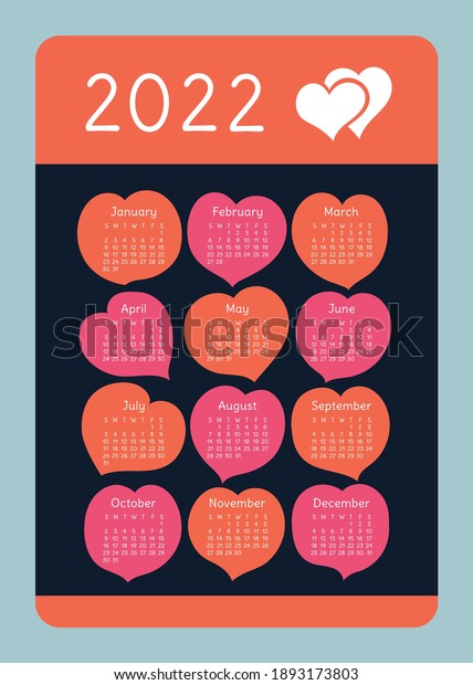 Hearts Calendar 2022 Year Vector Pocket Stock Vector (Royalty Free ...