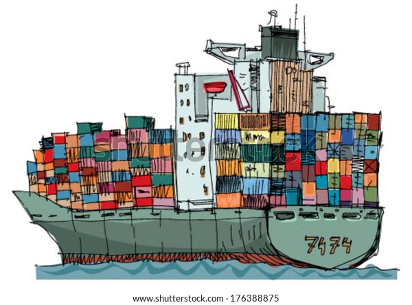 Heavy Loaded Container Ship Cartoon Stock Vector (Royalty Free) 176388875