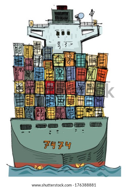 Heavy Loaded Container Ship Cartoon Stock Vector (Royalty Free ...