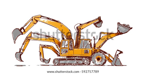 Heavy machines sketch. Diggers and wheel loaders side view