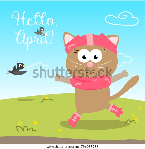 Hello April Spring Cat Greeting Vector Stock Vector (Royalty Free ...