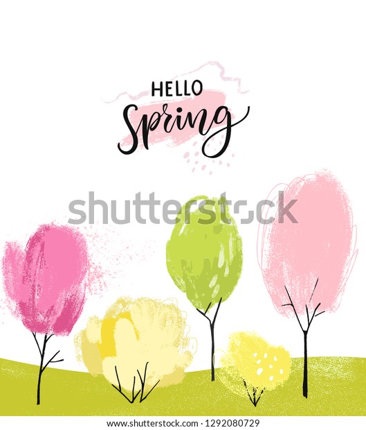Hello Spring Brush Lettering Illustration Various 스톡 벡터(로열티 프리) 1292080729