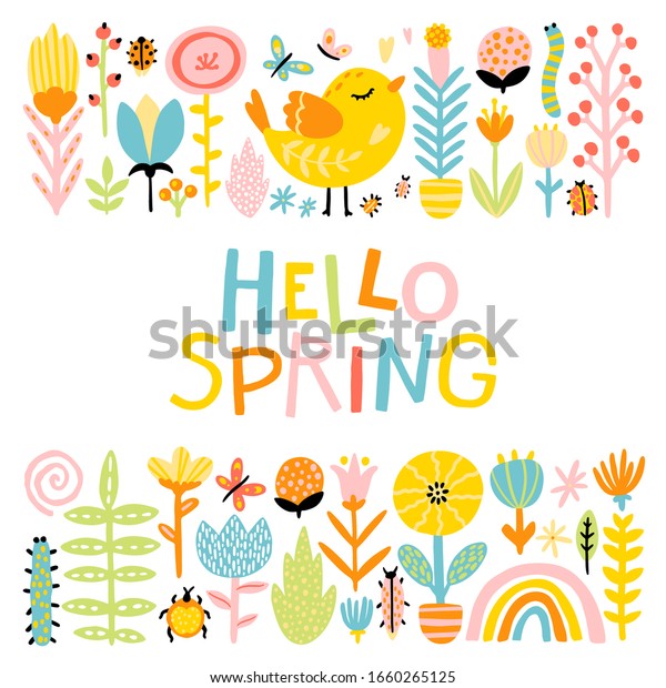 Hello Spring Cute Cartoony Bird Flower Stock Vector (Royalty Free ...