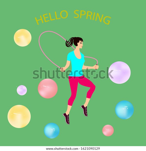 Hello Spring Girl Jumping Rope Colorful Stock Vector (Royalty Free ...