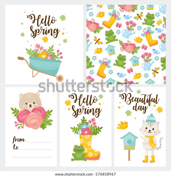 Hello Spring Greeting Card Cute Illustration Stock Vector (Royalty Free ...