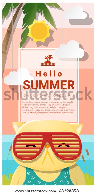 Hello summer background with cat wearing sunglasses , vector , illustration