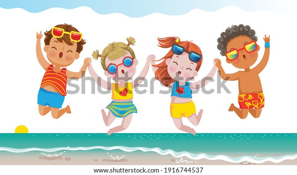 Hello Summer Child Jumping Children Jump Stock Vector (Royalty Free ...