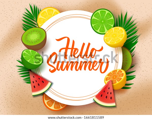 Hello Summer Fruits Background Template Hello Stock Vector (Royalty ...