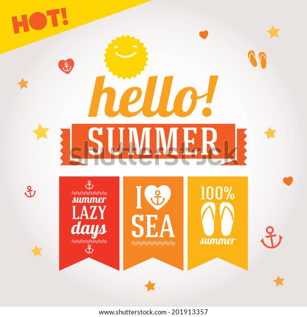 Hello summer labels set with symbols for poster, flags, t-shirts and ...