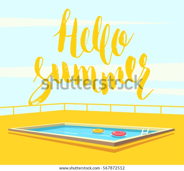 Hello Summer Swimming Pool Cartoon Vector: เวกเตอร์สต็อก (ปลอดค่า ...