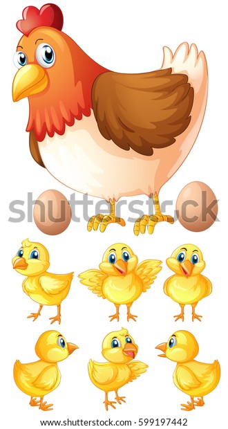 Hen Six Chicks Illustration Stock Vector (Royalty Free) 599197442