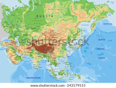 High Detailed Asia Physical Map Labeling Stock Vector (Royalty Free ...