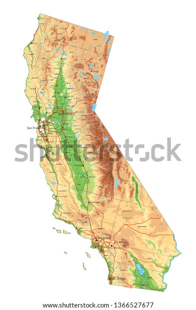 High Detailed California Physical Map Labeling: vetor stock (livre de ...