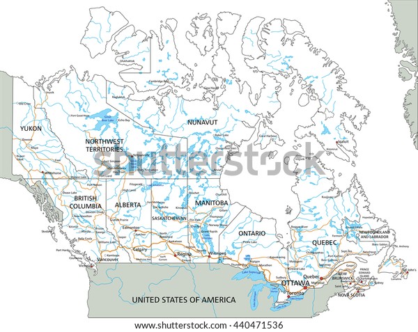 High detailed Canada road map with labeling.