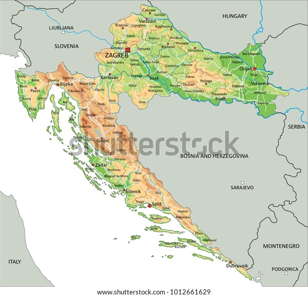 High Detailed Croatia Physical Map Labeling Stock Vector (Royalty Free ...