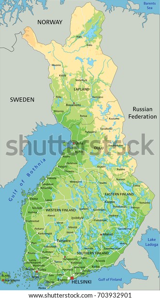 High Detailed Finland Physical Map Labeling Stock Vector (Royalty Free ...