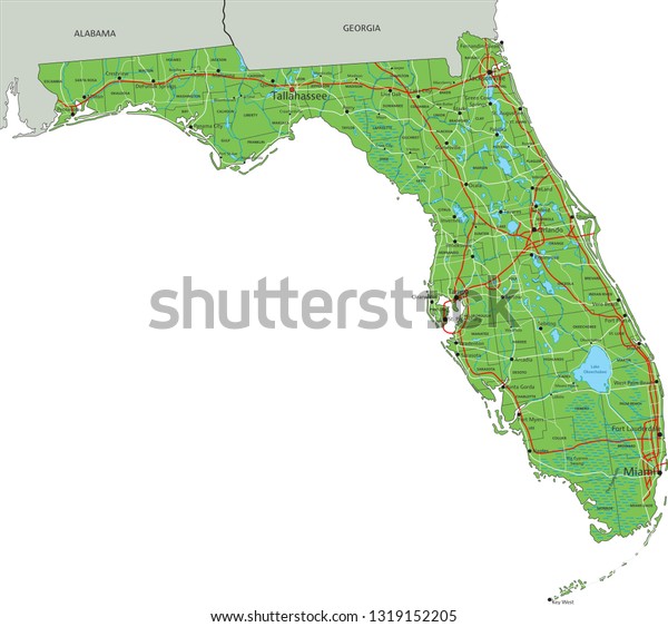 High Detailed Florida Physical Map Labeling Stock Vector (Royalty Free ...