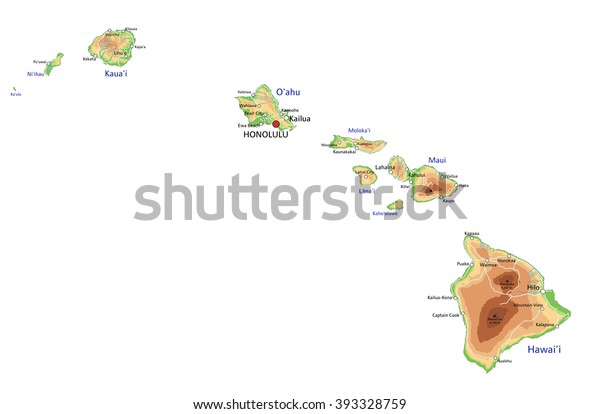 High detailed Hawaii physical map with labeling.