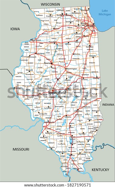 Hoja de ruta detallada de Illinois con etiquetado.