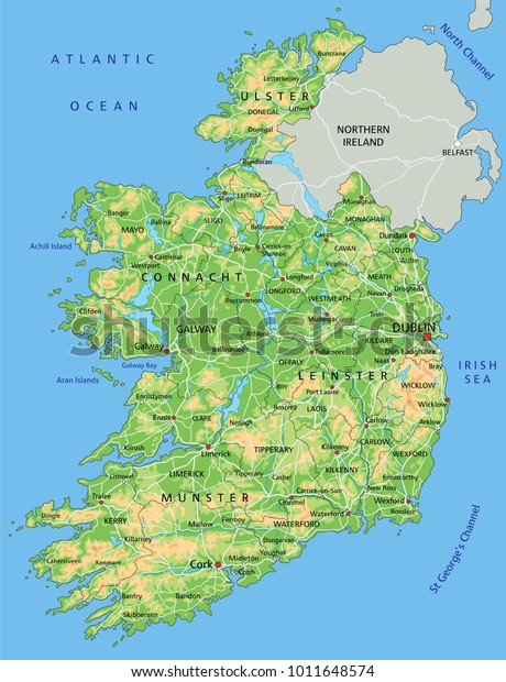 High detailed Ireland physical map with labeling.