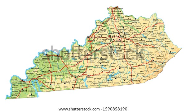 High Detailed Kentucky Physical Map Labeling Stock Vector (Royalty Free ...
