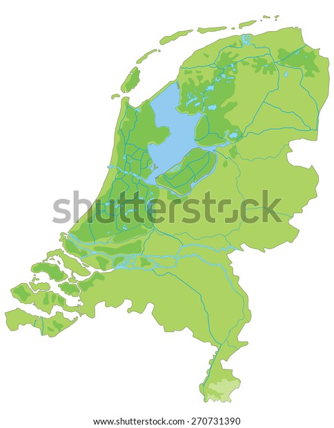 High detailed Netherlands physical map.