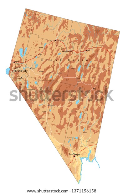 High Detailed Nevada Physical Map Labeling Stock Vector (Royalty Free ...