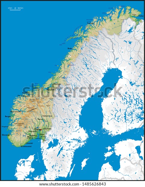 High Detailed Norway Physical Map Cities Stock Vector (Royalty Free ...
