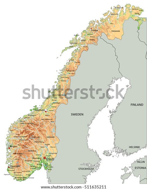 High Detailed Norway Physical Map Labeling: เวกเตอร์สต็อก (ปลอดค่า ...