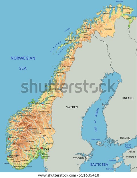 Hohe detaillierte norwegische physikalische Karte mit Kennzeichnung.