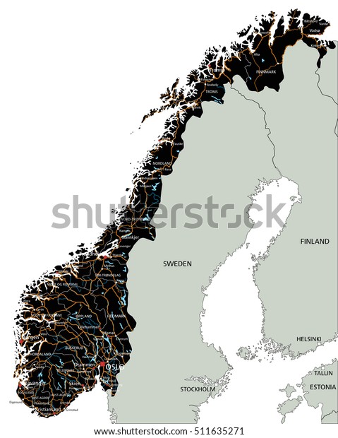 High Detailed Norway Road Map Labeling Stock Vector (Royalty Free ...