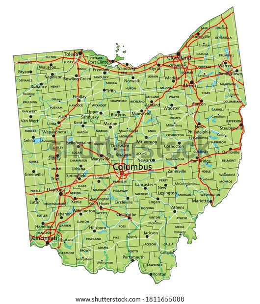 Mapa físico detallado de Ohio con etiquetado.