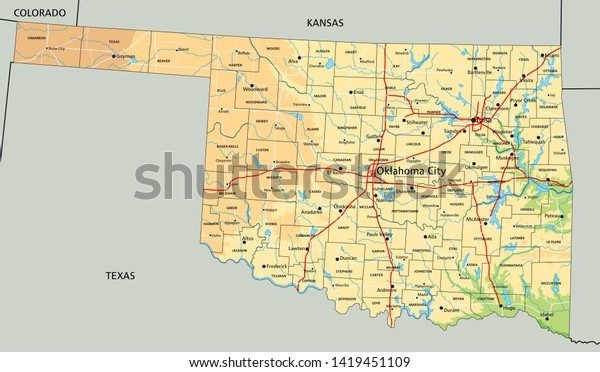 High Detailed Oklahoma Physical Map Labeling : image vectorielle de ...
