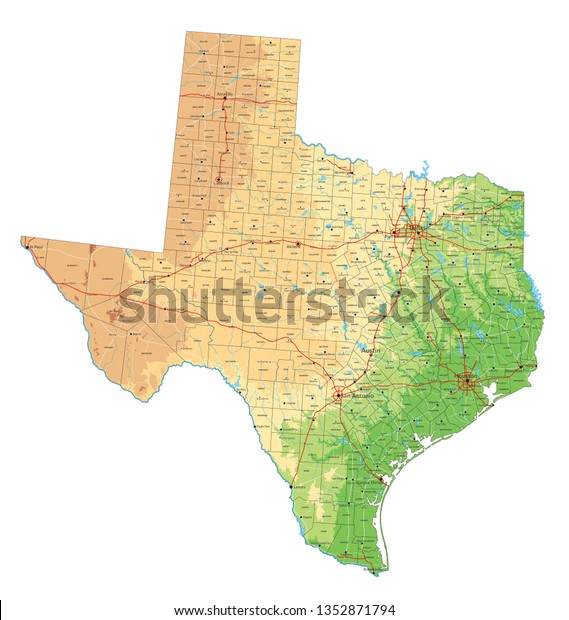 High Detailed Texas Physical Map Labeling Stock Vector (Royalty Free ...